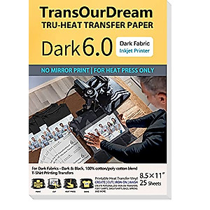 TransOurDream Iron on Heat Transfer Paper for Heat Press (25 Sheets, 8.5x11", Dark 6.0) Printable HTV Heat Transfer Vinyl for T Shirts Iron on Transfers for Inkjet Printer (TRANS-D6-20)