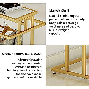FUSHIAIPTC 59” Gold Clothing Rack, with Natural Marble and 3 Rods Garment Clothes Racks for Hanging Clothes, Organizer Closet for Hanging Clothing Coats Skirts Shirts Sweaters