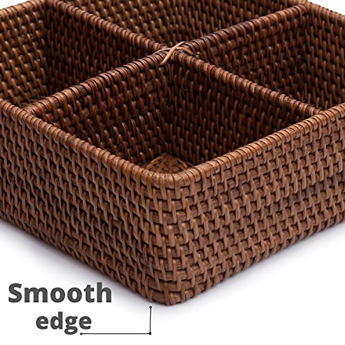 Rattan Basket Compartments Square Divided Organizer 4-Section for Shelves 12 x 12 x 3.5 in Divided Basket Wicker Toilet Paper Basket for Storage Organizing Bathroom(4-Divider, Dark Brown)