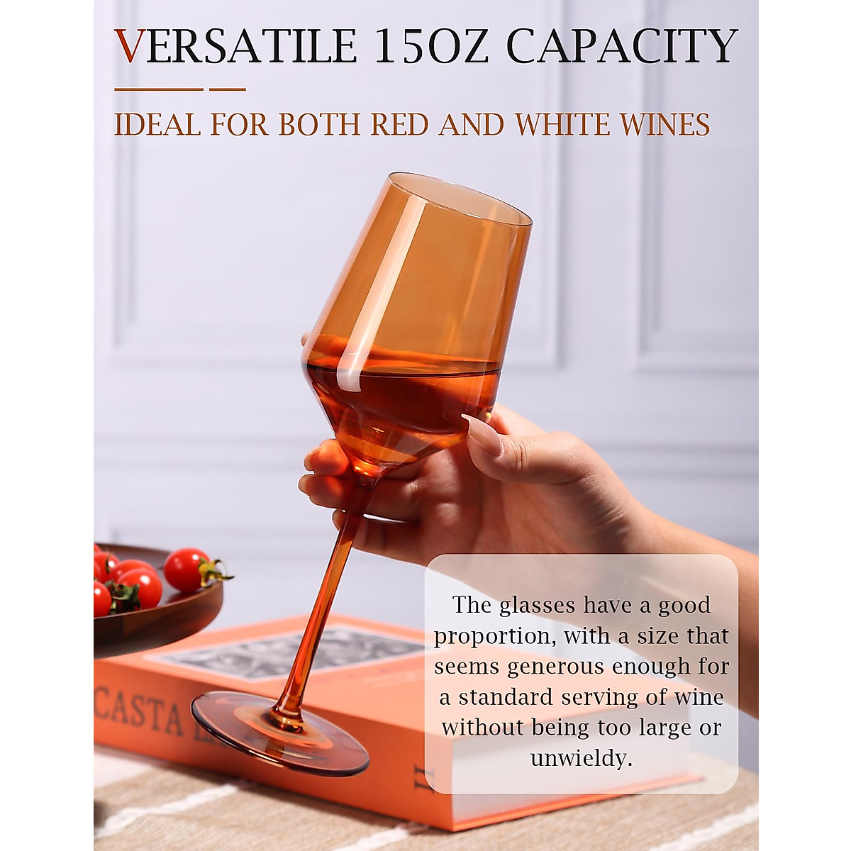 comfit Colored Wine Glasses Set of 6-15 oz, Unfading Color, Hand-blown Wine Glasses - Gifts for Wine Lovers, Thanksgiving Christmas Gifts for Women