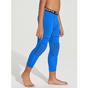 DEVOROPA Youth Boys' Compression Pants with Knee Pads 3/4 Basketball Athletic Tights Quick Dry Sports Workout Leggings Royal XL