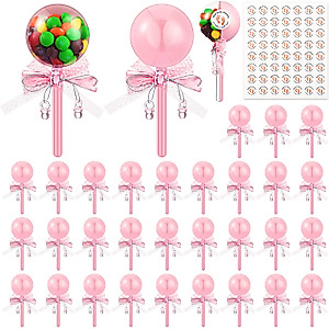 30 Pcs Baby Rattle Party Favors Baby Shower Bottles with Bow Crystal Bear Pacifier Ornament Pink Fillable Baby Rattle Plastic Candy Bottle and 56 Thank You Label Stickers for Birthday Gift Decoration