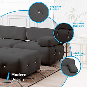 Mjkone Modular Sectional Sofa with Reversible Chaise, Velvet L Shaped Cloud Couch with Reversible Ottoman, 4 Seater Couch Button Tufted Designed, DIY Combination Sofa for Living Room, Dark Grey