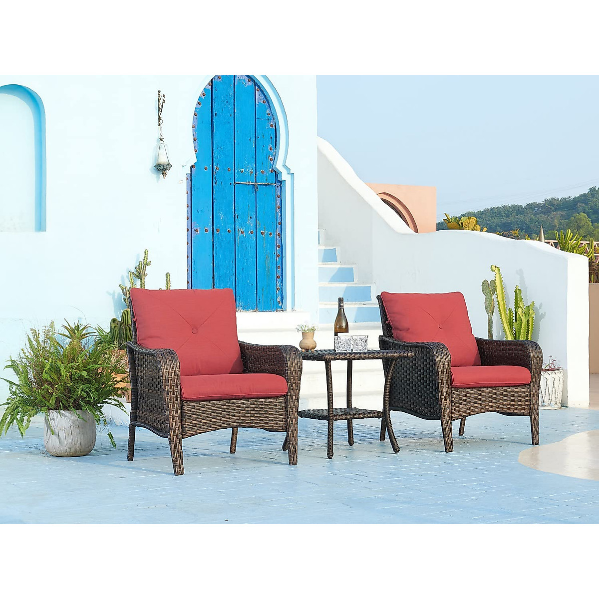 HUMMUH Outdoor Wicker Patio Chairs Set of 2 with Side Table,PE Rattan Bistro Table and Chairs for Yard Backyard Lawn Porch