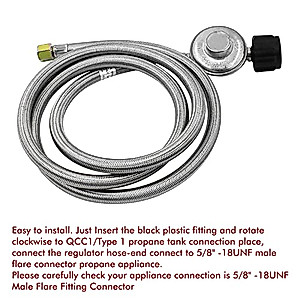 MENSI 6 Feet Propane Gas Fire Pit, Barbecue Grill, Camping Stove, Heater QCC Low Pressure Max 1/2PSI Regulator with Stainless Braided Hose with 5/8" -18UNF Female Flare End