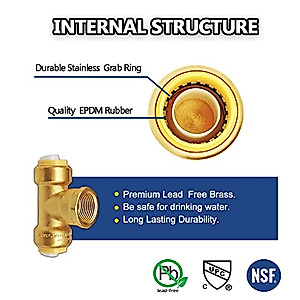 HQMPC Pex Fittings Female Tee No Lead 3/4" Push Fit Female Plumbing Tee Push-to-Connect Plumbing Fittings Brass Pipe Connector T Fittings for Copper PEX CPVC 2Pcs