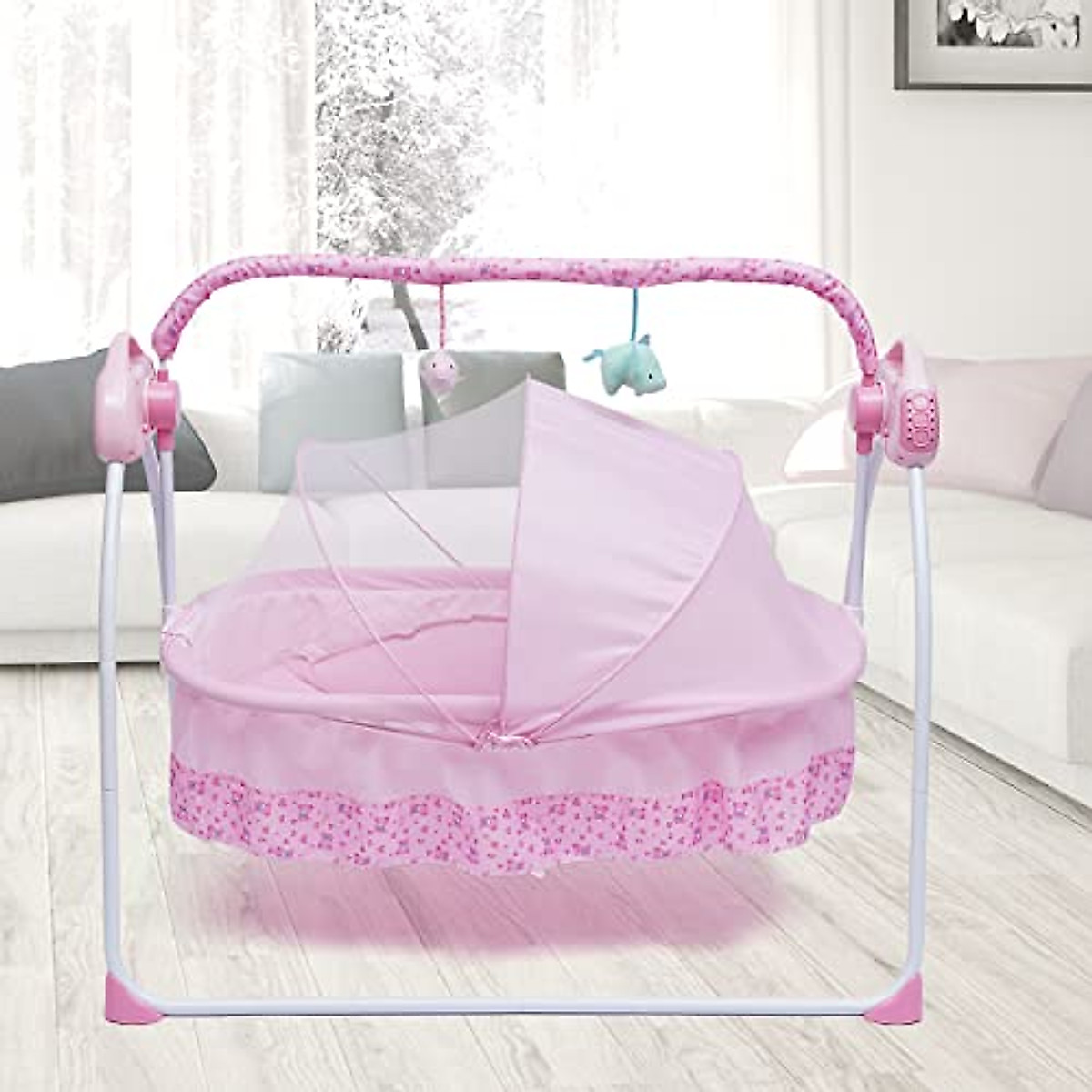 Guaopom Electric Baby Crib Cradle, 0-25Kg Big Space Auto Rocking Chair Chair Bed, 5 Speed with Remote Control Infant Musical Sleeping Basket Baby Cradle for 0-18 Months Newborn Babies (Pink)