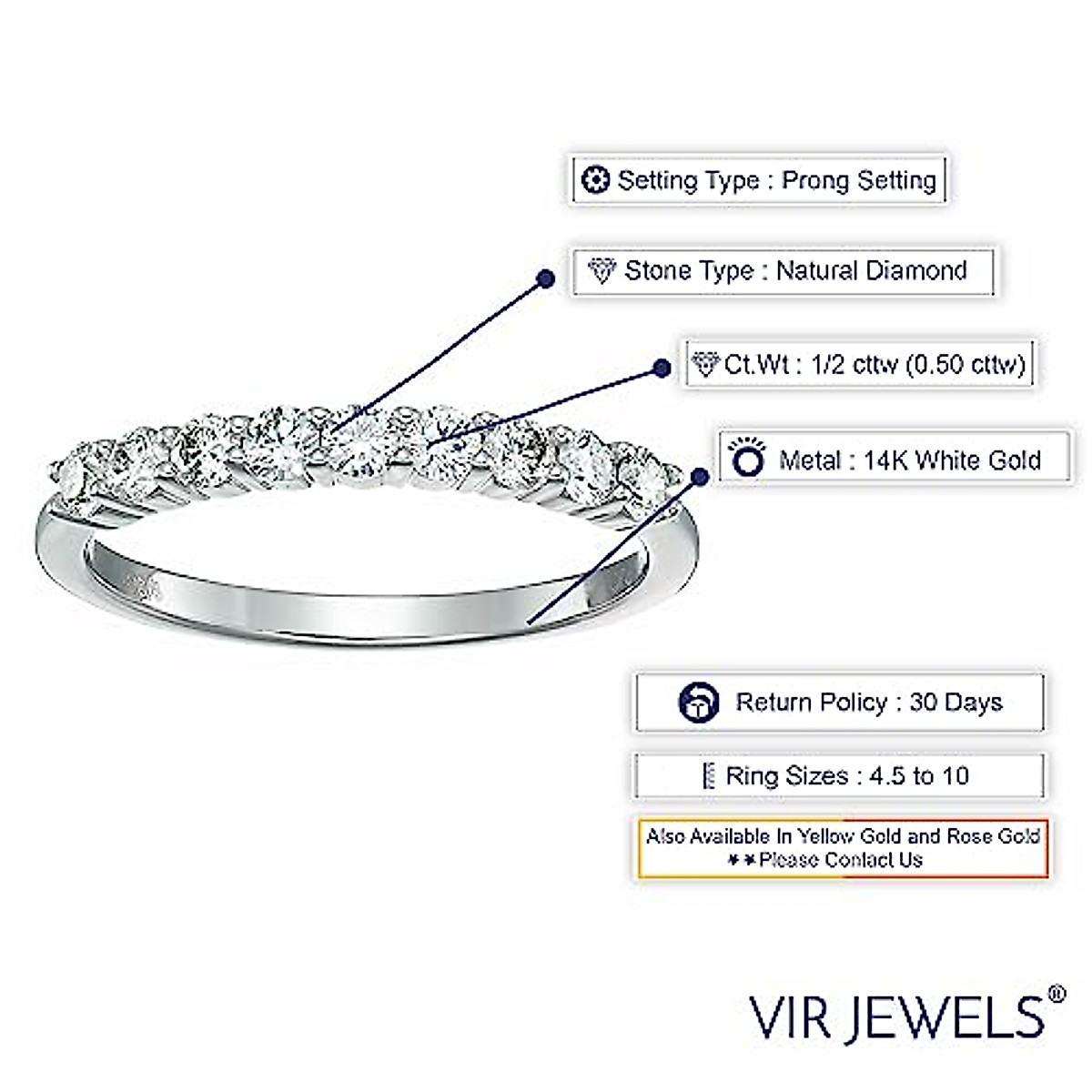 VIR JEWELS 1/2 carat (ctw) Diamond Wedding Anniversary Band for Women, Round Diamond Engagement Ring 14K White Gold 9 Stones Prong Set 0.50 cttw, Size 9
