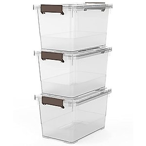 WYT 7-Quart Clear Plastic Storage Latch Box/Bins, 3-Pack Storage Organizer Box with Brown Latching Handle and Lid, 7-Litre