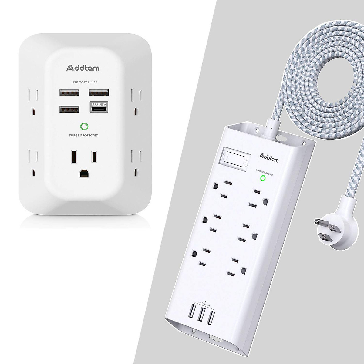 USB Wall Charger, Surge Protector, 5 Outlet Extender with 4 USB Charging Ports (1 USB C Outlet, 4.5A Total) and Power Strip Surge Protector, Addtam 6 Outlets and 3 USB Ports 5Ft Long Extension Cord