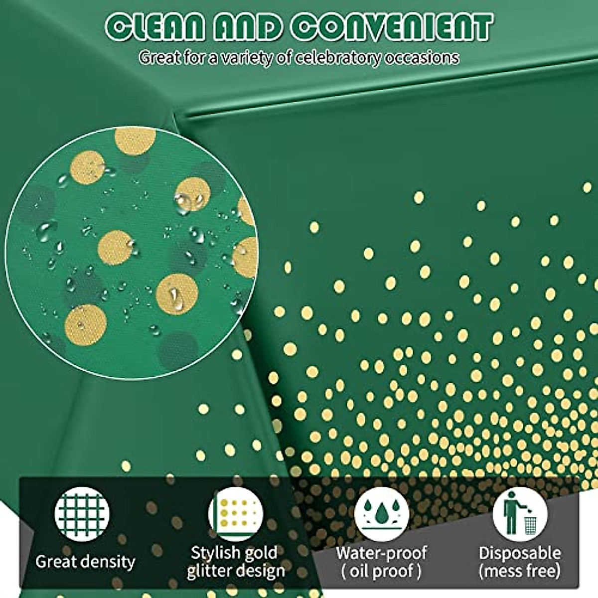 Tegeme Plastic Tablecloth for Parties Disposable Gold Stamping Dot Confetti 108 x 54 Inch Birthday Party Wedding Dinner Decors Rectangle Tabless(Green, Gold,4 Packs)