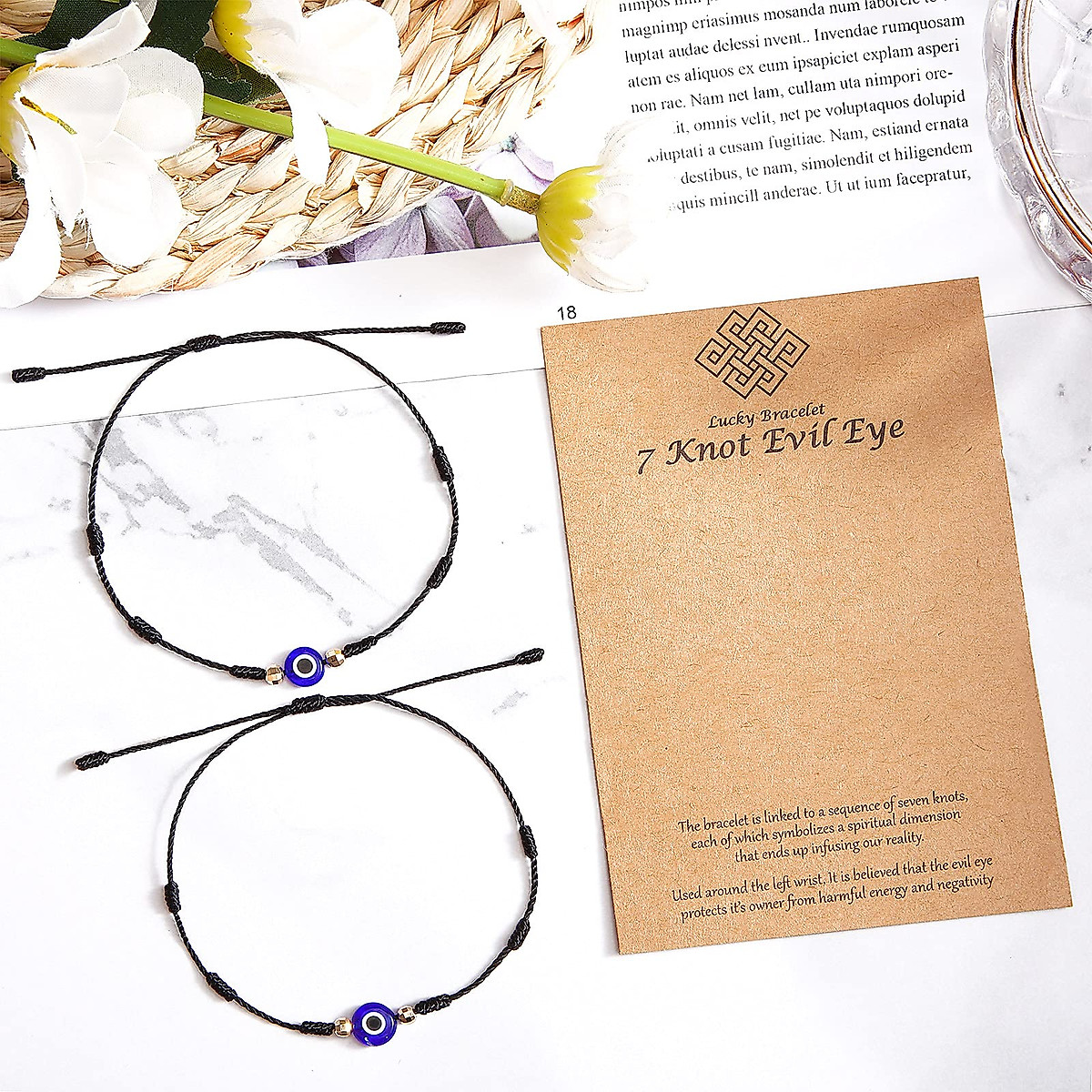 Hicarer 6 Set Evil Eye Bracelet and Necklace Kit, 6 Pieces Amulet Lucky Bracelets with Card, 6 Pieces Evil Eye Pendant Necklaces Turkish Blue Necklace for Women Men Girls Boys