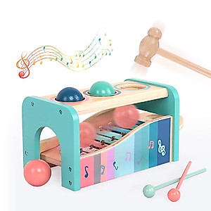 enlitoys Wooden Pounding and Hammer Toy Xylophone and Gear Pounding a Ball Track Game with Hammer Toddler Toys for 3 Year
