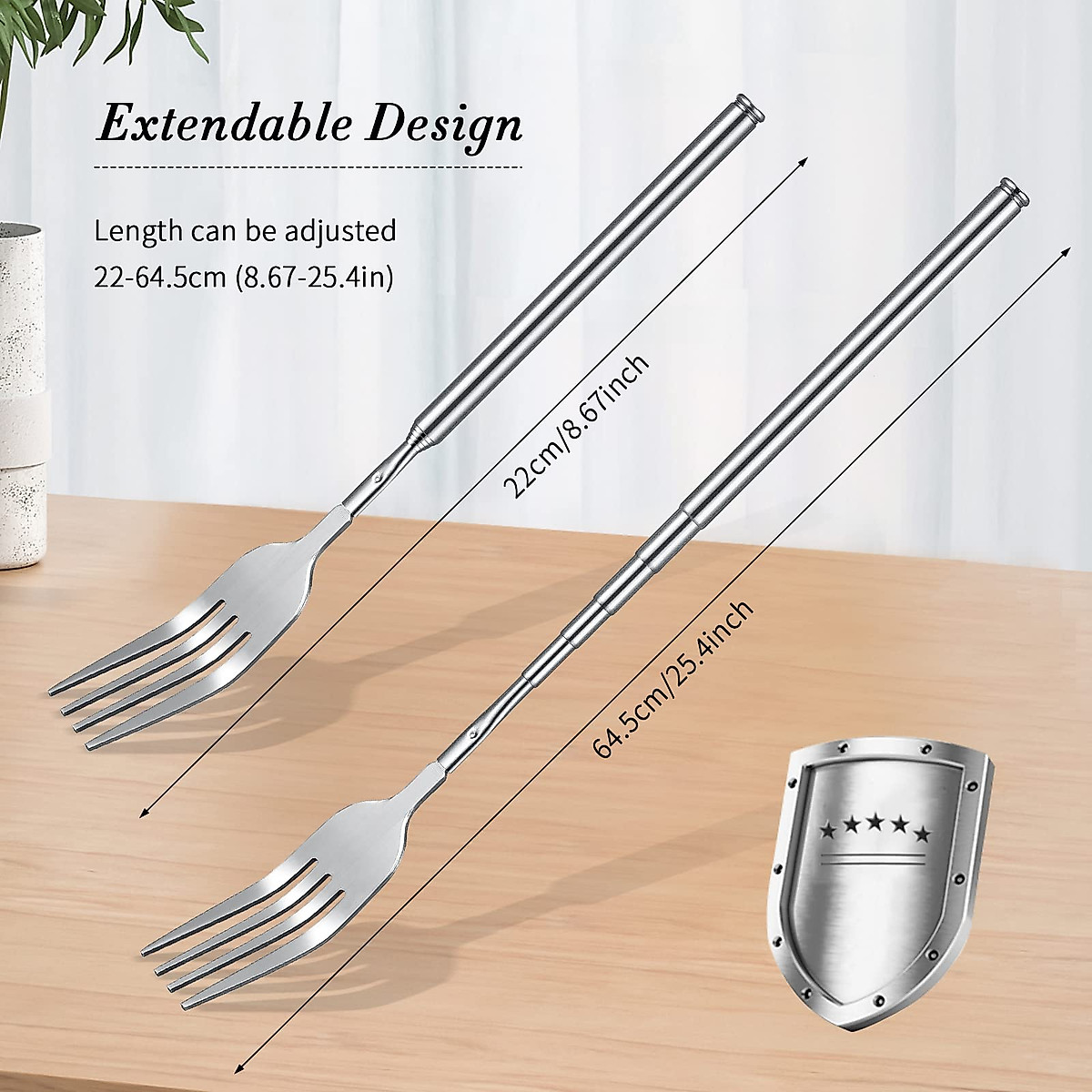 2 Pcs Dinner Extendable Fork Stainless Steel Adjustable BBQ Telescopic Extendable Dinner Fruit Dessert Long Handle Fork Cutlery Anti Rust Sturdy for Cooking Toasting Sausage Vegetable, 8.46-21.65 Inch