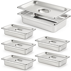 CURTA 6 Pack Anti-Jam Hotel Pans with Lids, 1/4 Size 2 1/2 Inch Deep, NSF Commercial 18/8 Stainless Steel Chafing Steam Table Food Pan with Covers