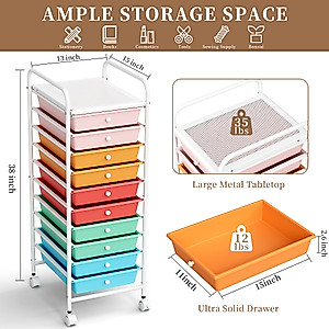 Rolling Storage Cart with 10 Drawers, Drawer Cart with All-Metal Frame & Lockable Wheels, Organizer Utility Cart with Handle for Crafts, School Teacher, Home, Office, Classroom, Macaron Color