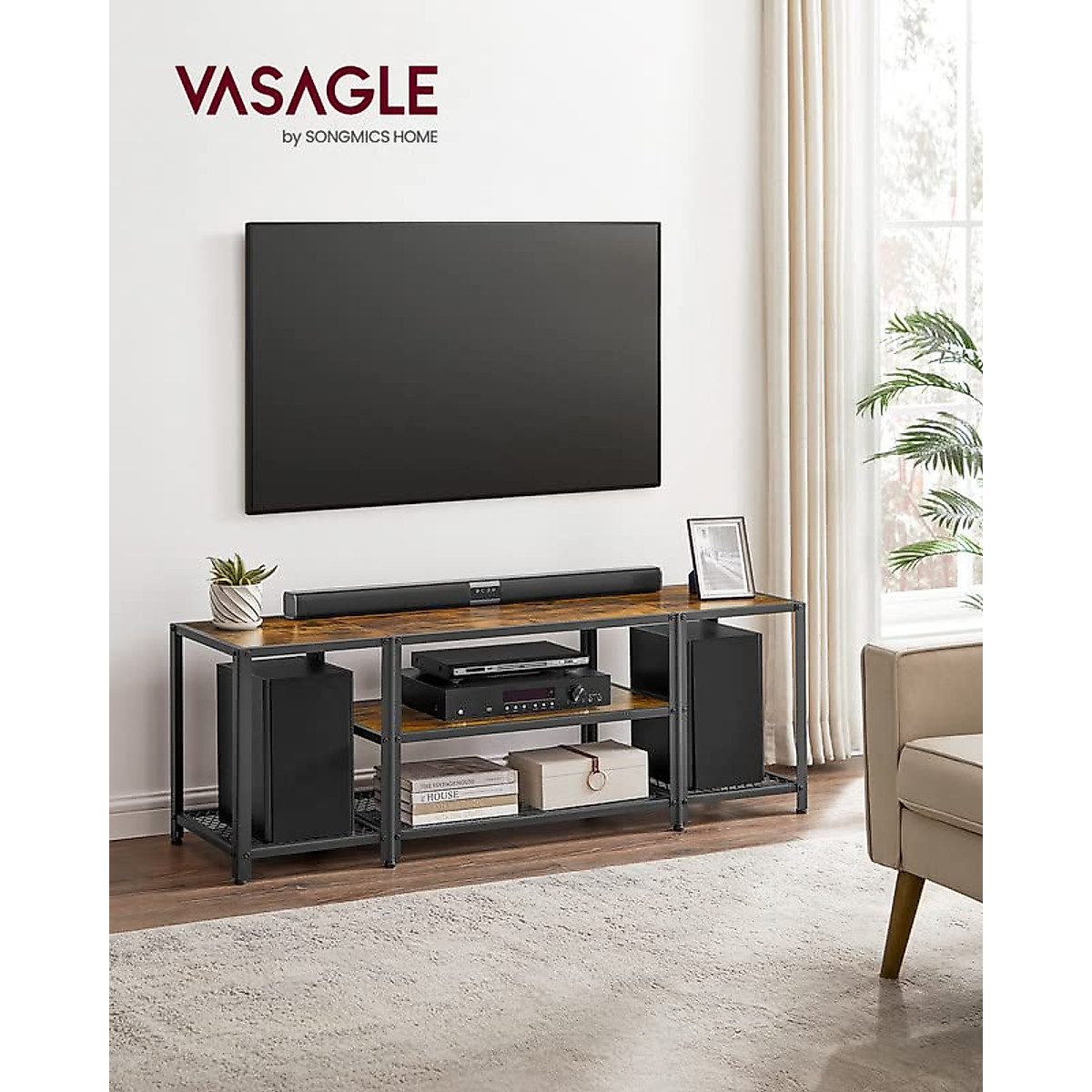 VASAGLE Modern TV Stand for TVs up to 65 Inches, 3-Tier Entertainment Center, Industrial TV Console Table with Open Storage Shelves, for Living Room, Bedroom, Rustic Brown and Black ULTV097B01