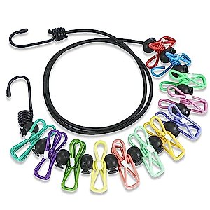 Ecavria Travel Clothesline with 12 Colorful Clothespins, Windproof Portable Clothesline, Stretchy Elastic Clothes Line for Outdoor Indoor Use, Camping Clothesline, Laundry Line for Hotel
