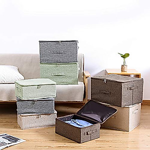 Everfunny Storage Bins with Zipper Lid Storage Boxes with Handles PP Plastic Board Foldable Lidded Cotton Linen Fabric Home Cube Baskets Closet Clothes Toys Organizer Container-Green, Large
