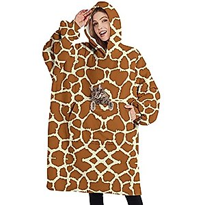 Oversized Wearable Blanket Hoodie Sweatshirt Brown Giraffe Skin Fluffy Flannel Blanket Sweater with Giant Pocket for Women, Adult, Girls, Friend