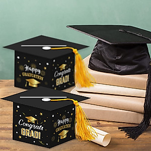 Topfunyy 2024 Graduation Party Card Box, Black Gold Congrats Cap Card Holder Box with Tassel for 2024 Graduation Party Decoration