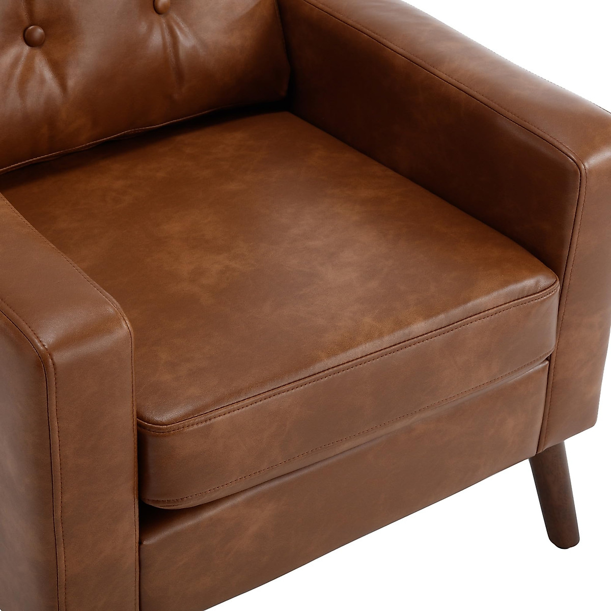 BESTANO Set of 2 Brown Faux Leather Armchair Accent Chairs, Mid Century Modern Button Tufted Accent Chair with Wood Legs, Cozy Armchair Club Chair Single Sofa for for Bedroom Living Room, Caramel