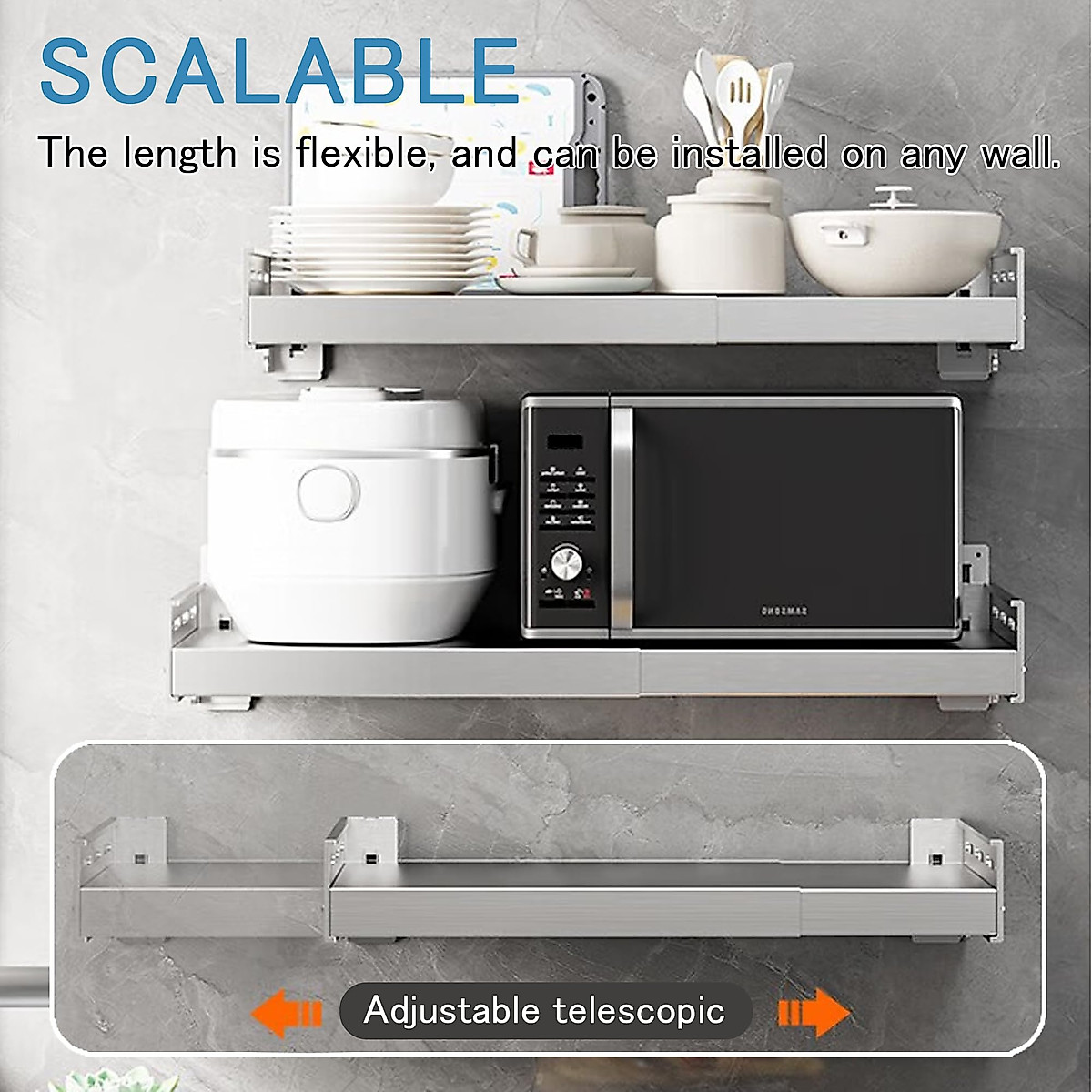 LEMYEF Stainless Steel Adjustable Wall Mount Shelf or Household Grade Wall Mount Microwave Oven Shelf, Removable countertop, Stationary kit, Multifunctional Storage Rack(16"-23.6" Brushed Nickel)