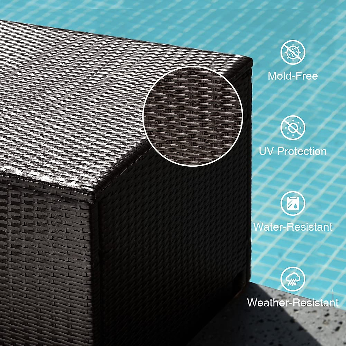 Dulce Domi 120 Gallon Deck Boxes Outdoor Storage Box Waterproof, Modern Resin Rattan Outdoor Wicker Storage Box, Robust Deck Box for Toys, Pool Accessories & Outdoor Tools Storage