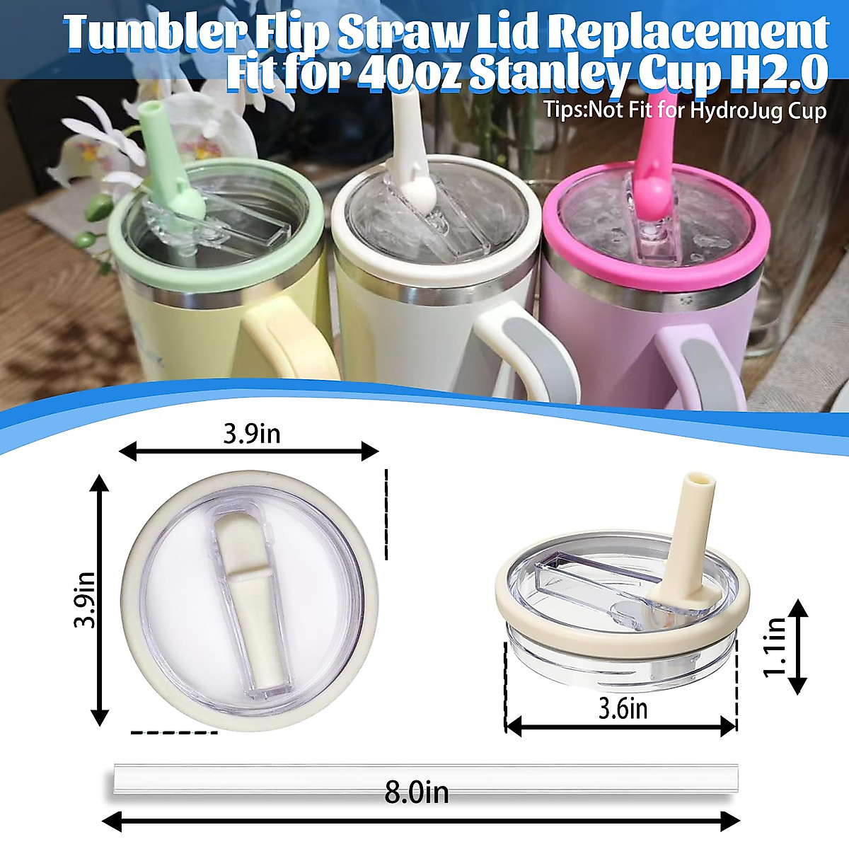 40 OZ Tumbler Flip Straw Lid Replacement Fit for Stanley Quencher Tumbler, 2 PCS Spill Proof and Leak Resistant Tumbler Lids Compatible with Stanley Cup Accessories(Cream)