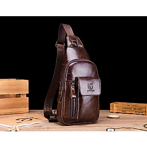 BULLCAPTAIN Genuine Leather Men Sling Bag Travel Crossbody Chest Bag Large Capacity Casual Hiking Daypack (Brown)