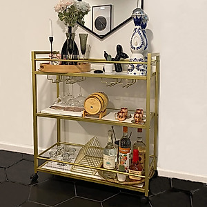 GOLASON Gold Bar Cart with 3 Shelves, Wine Glass Bottle Storage Bar Serving Cart with Wheels for Kitchen Living Room (31.5”W, White)