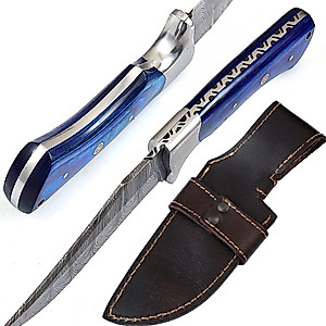 BG Knives 9.25" Overall Length Handmade Damascus Steel Hunting Fixed Blade Skinner Knife With Leather Sheath, Pakkawood Handle BG-133