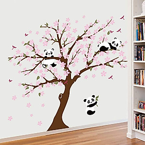 Runtoo Panda Wall Decal Cherry Blossom Wall Art Stickers for Living Room Bedroom Baby Nursery Kids Wall Décor