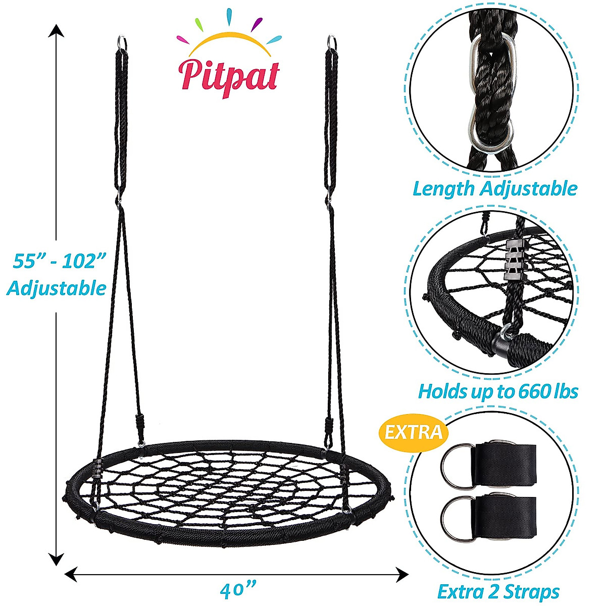 Pitpat 40" Spider Web Swing with 4 Ropes Adjustable from 55" to 102", Spider Swing for Kids for Kids MAX 440 Lbs Load and Stainless Steel Frame, Outdoor Large Web Swings for Tree - Black Upgraded