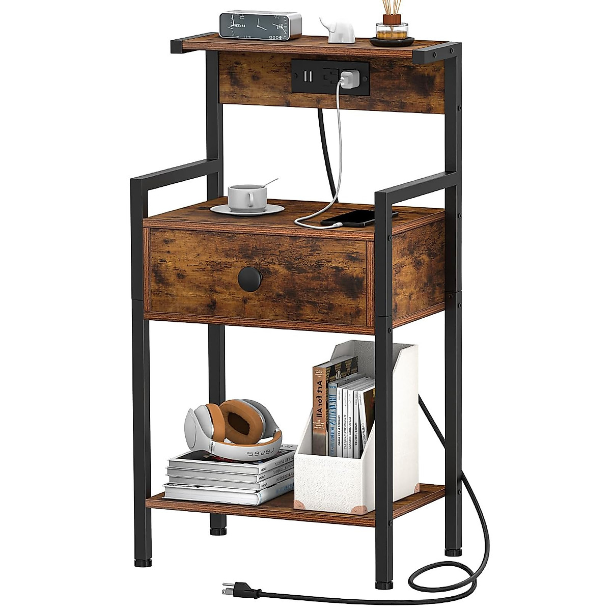 Snughome End Table with Charging Station, 3 Tier Side Table with Open Storage Shelves, Bedside Tables with Drawer, Nightstand with USB Ports & Outlets for Bedroom, Living Room