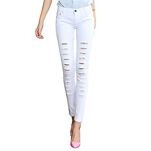 Ripped Jeans for Women Mid Waisted Skinny Destroyed Denim Pants Slim Fit Distressed Stretch Butt Lift Jean Trouser (White,31)