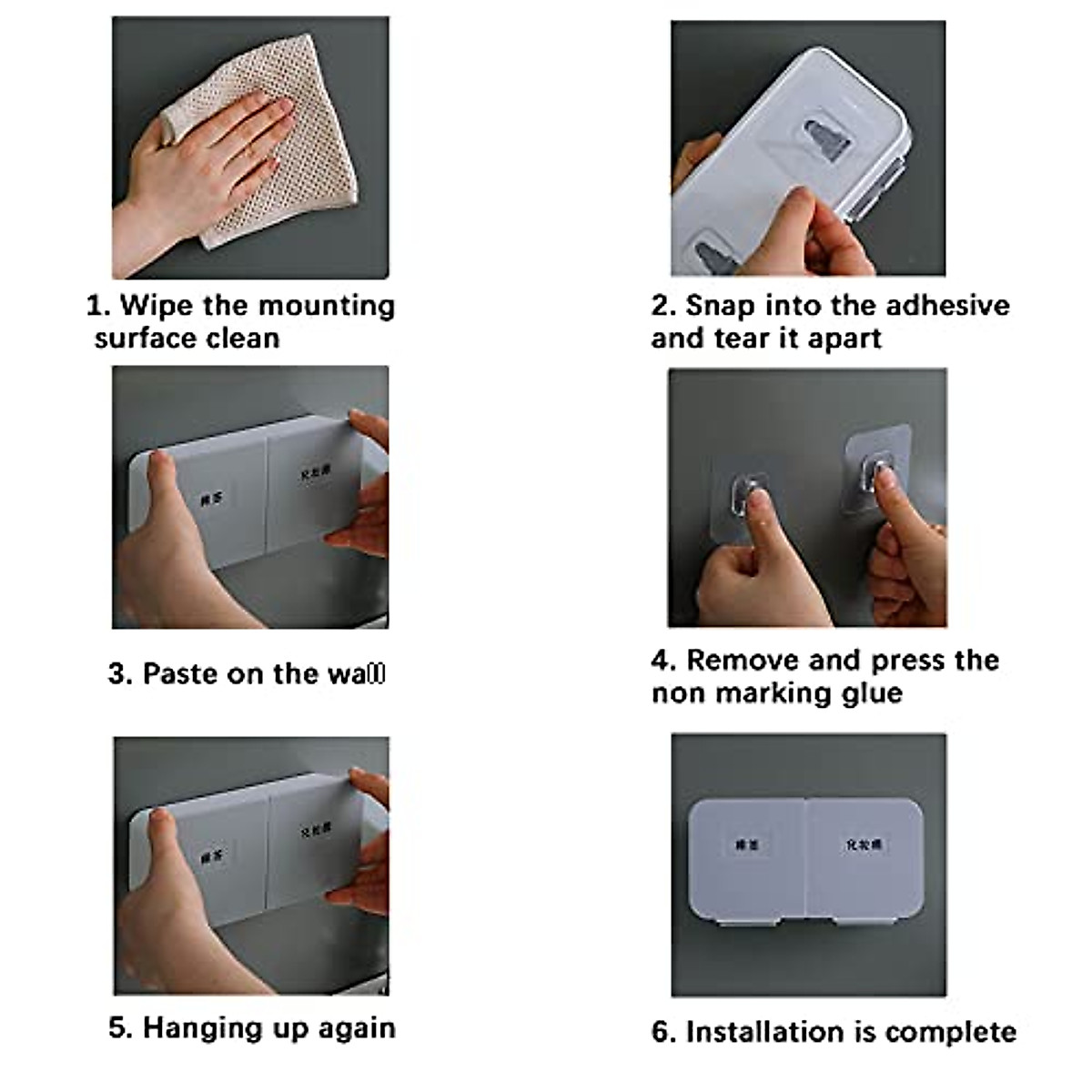 Cotton Swab Storage Box, 2 Grids Clamshell Removable Storage Organizer, Wall Mounted Storage Container with 2 Super Glue for Cosmetic Sponge Sanitary Napkins Makeup Pads Bath Salts Kitchen(White Gray)