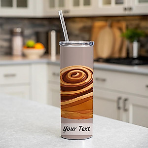 Personalized Custom Name Text Cinnamon Roll Bun Skinny Tumbler 20oz with Straw Insulated Water Bottle Gift - 1 Line Horizontal
