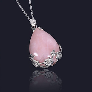 KISSPAT Natural Teardrop Rose Quartz Pendant Necklace on 20" Stainless Steel Chain