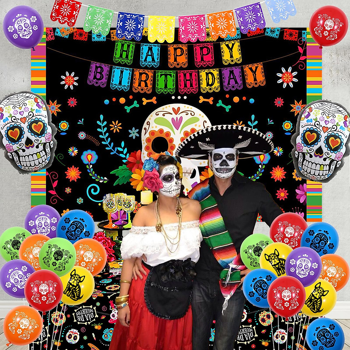 Fangleland Day of The Dead Theme Birthday Party Decorations for Boy Girl - Dia De Los Muertos Bday Celebration Party Supplies Balloons Banner Tablecloth Sugar Skull Mexican Backdrop