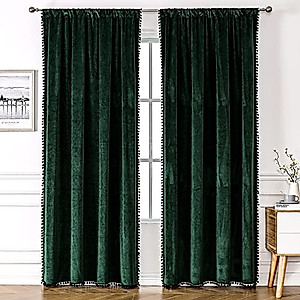 Victree Pom Pom Velvet Curtains for Bedroom, Blackout Curtains 52 x 84 inch Length - Room Darkening Sun Light Blocking Rod Pocket Window Drapes for Living Room, 2 Panels, Dark Green
