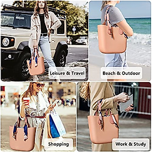 Carfany Small Beach Bag With Zipper Washable Rubber Tote Bag For Women Pink