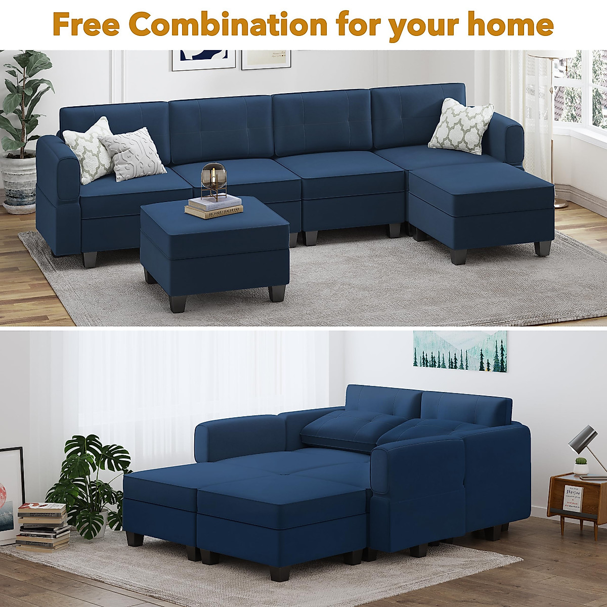 AYEASY 113'' Modular Sofa, Living Room U Shaped Couch with Storage Ottoman Sectional, Beige