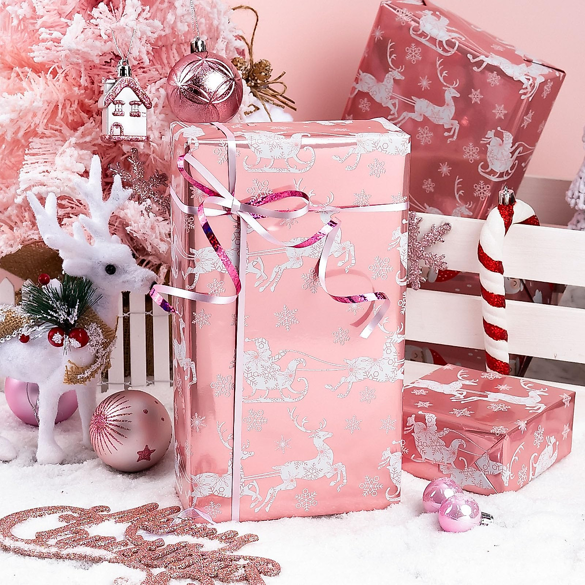 Homeral Pink Christmas Wrapping Paper Roll-46.8 sq.ft. (17in x 33ft) Pink Santa, Sleigh, Reindeer, Snowflake with Metallic Shine for Christmas, New Year Celebration, Party