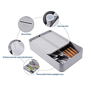 SOMIER 3-in-1 Kitchen Drawer Organizer Flatware Cutlery and Utensil Trays, 2-Tier Knife Holder - 4 Stacked Compartments Silverware Tray - A Removable Divider for Kitchen Gadgets Storage, Gray