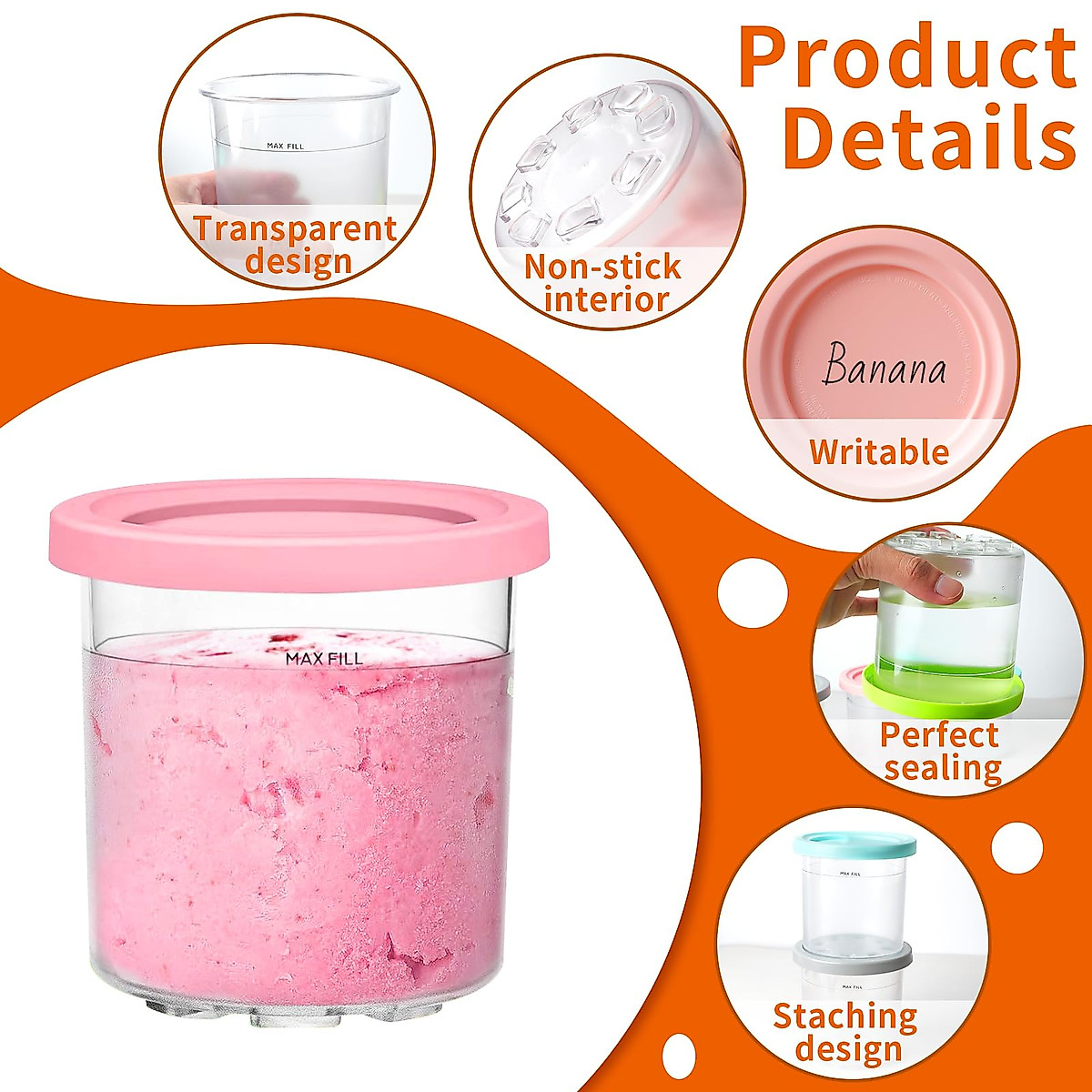 4 Pack Creami Pints and Lids for Ninja, Ice Cream Containers Compatible with Ninja Creami NC299AM C300s Series Ice Cream Maker, Replacement Pints Containers and Lids, BPA-Free & Dishwasher Safe