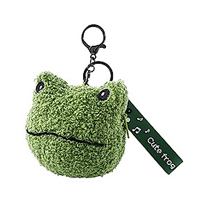 Cute Green Plush Frog Coin Purse Kawaii Frog Coin Wallets Pouch Plush Keychain for Headset Key Credit Card Holder Storage Bag