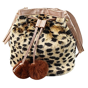 Van Caro Women’s Faux Fur Drawstring Bucket Bag Shoulder Crossbody Bag, Leopard Brown