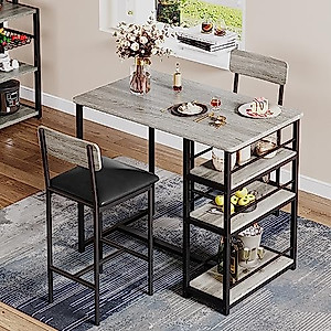 Amyove Dining Table Set for 2, Bar Table and Chairs for 2, Kitchen Table Set with 2 Upholstered Chairs, 3 Large Storage Shelves, Pub Table Set for Small Space, Apartment, Breakfast, Rustic Grey