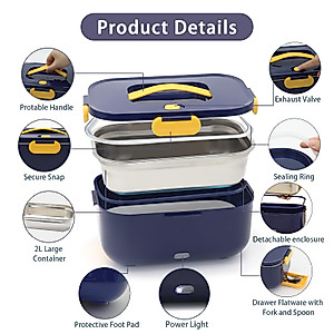 2L Electric Lunch Box,80W Portable Food Warmer Lunch Box Fast Heated Lunch Boxes for Adults,Rechargeable 12V 24V 110V Self Heating Lunch Box for Car Truck Work with SS Container Fork Spoon Carry Bag